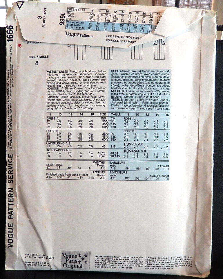 Vogue Patterns 1666 Paris Original emanuel ungaro size 8 uncut | eBay