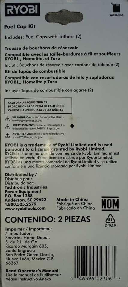 RYOBI Fuel Cap Kit AC05FCK Also Compatible W/ Homelite & Toro String ...