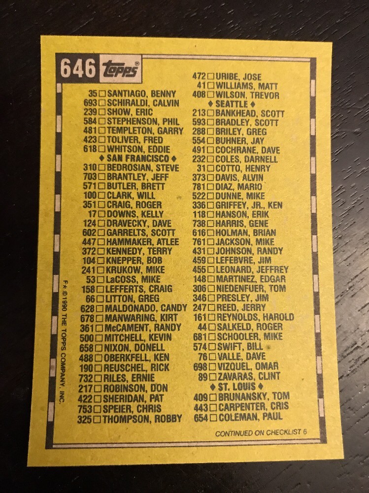 1990 Topps #646 CHECKLIST No 5 of 6 Unmarked Mint BASEBALL QTY Avail ...