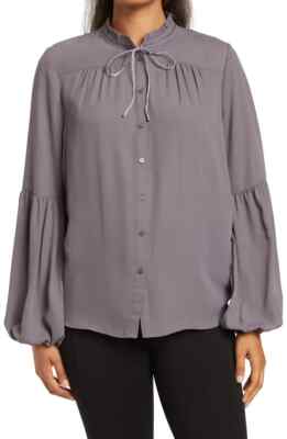 NYDJ $99 Ruffle Neck Bishop Sleeve Velvet Tie Gray Blouse Size XS NWT ...