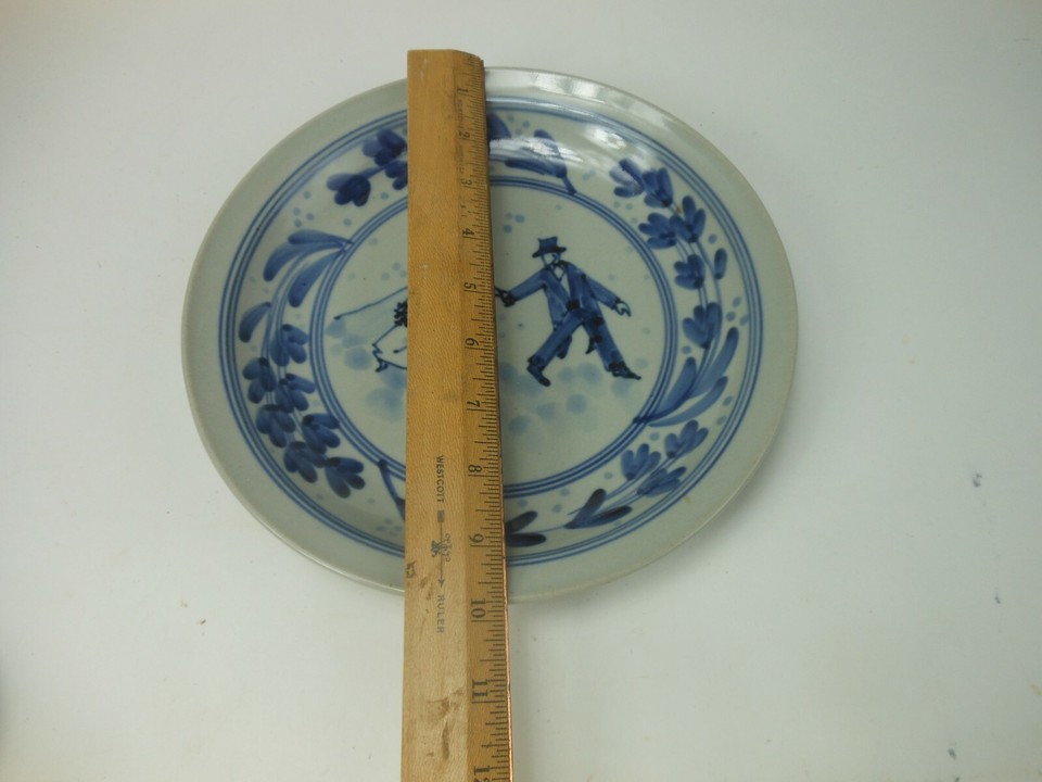 Wedding Couple Plate Blue and White Hand Decorated 9 3/4" Heavy Pottery ...