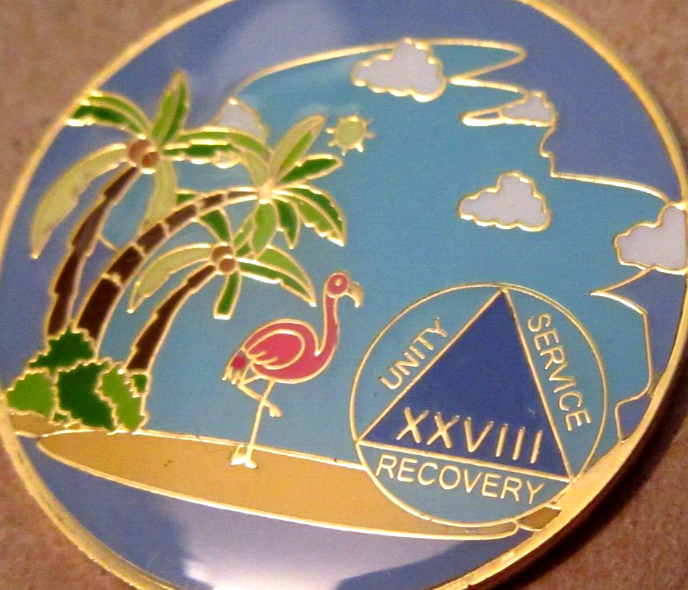 Beach - Blue yellow pink Alcoholics Anonymous 28 Year AA Medallion Coin ...