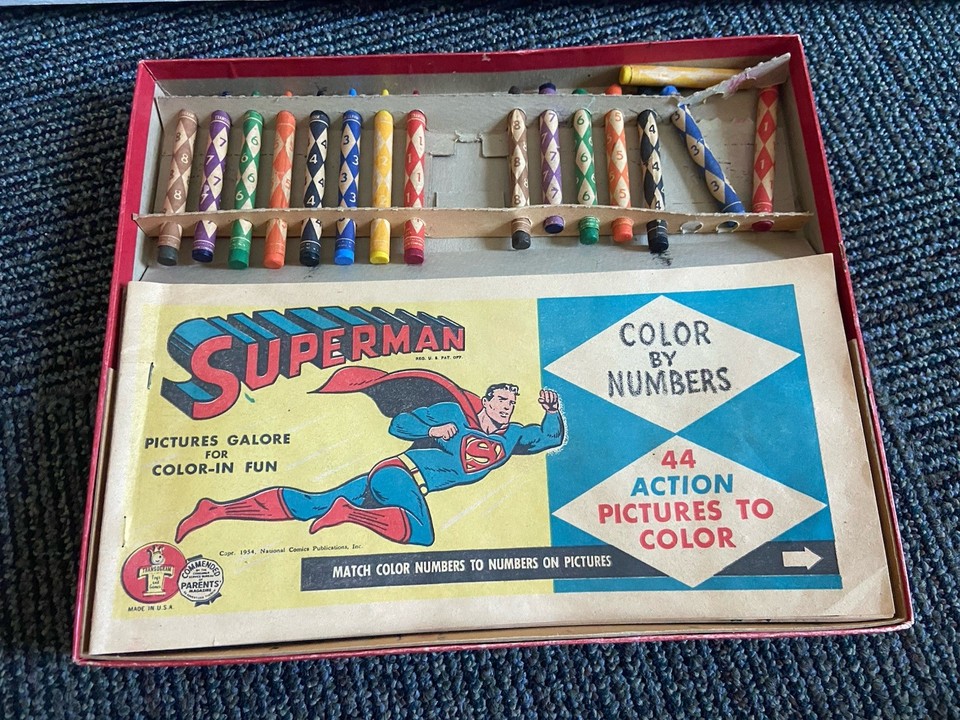 1954 SUPERMAN CRAYON BY NUMBERS LARGE SET BY TRANSOGRAM-USED | eBay