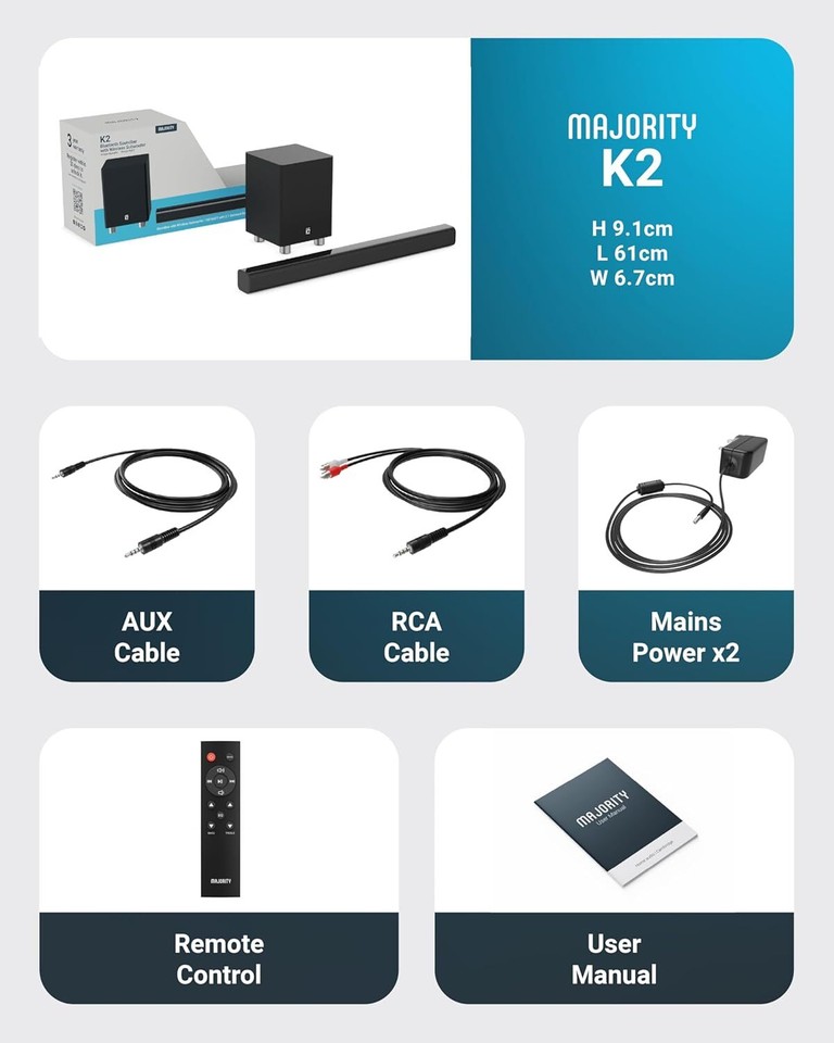 Majority K2 150 Watt Soundbar Subwoofer 2.1 HDMI ARC Optical Bluetooth Surround | eBay UK