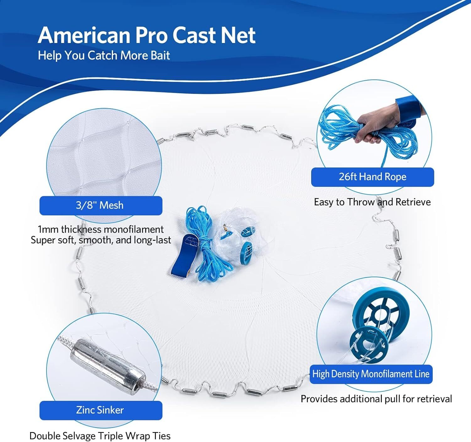 6/8/10/12/16FT Fishing Cast Net Bait Easy Throw Hand Cast Strong Nylon ...