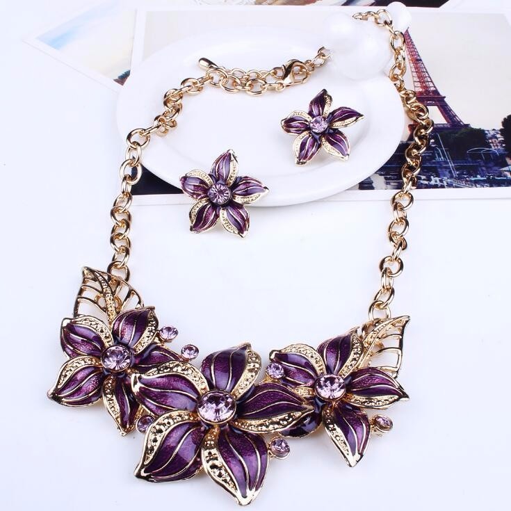 Gold Plated Enamel Flower Plant, Cubic Zirconia Crystal 2 pieces ...
