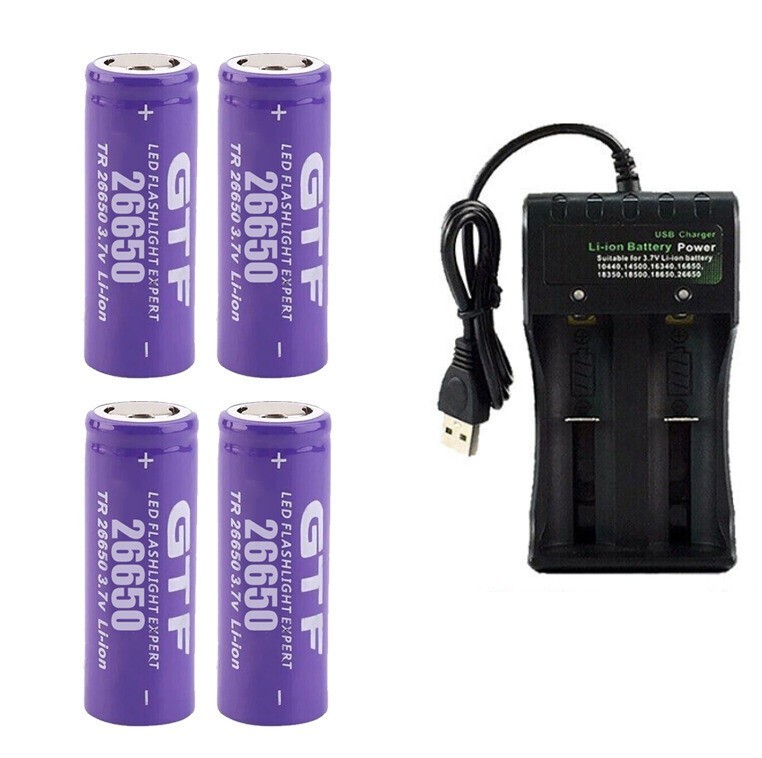 4PCS 26650 Battery Rechargeable 3.7V Li-ion Batteries + Charger 2 LOT ...