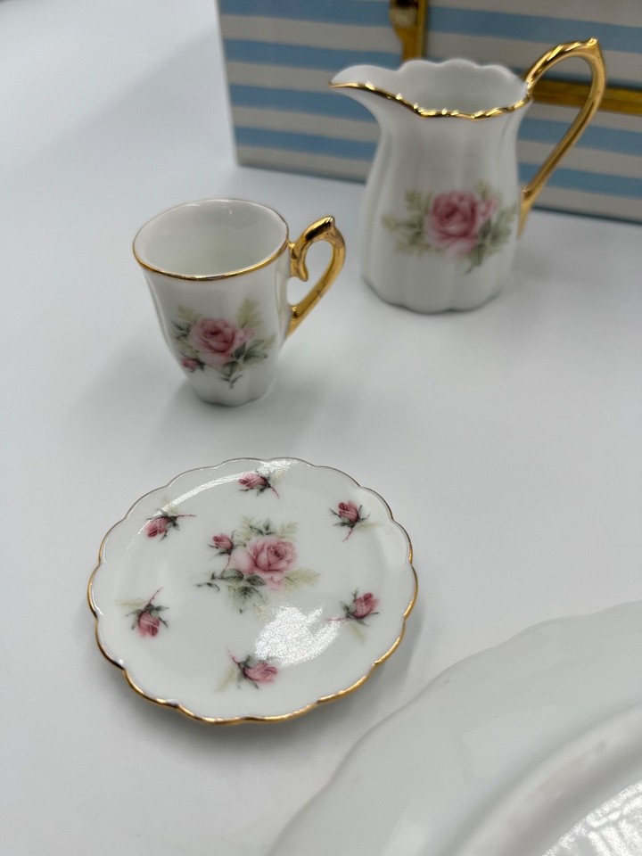 10 piece Ceramic Doll Tea Set Mini Tea Set by GANZ Floral Rose & Gold ...