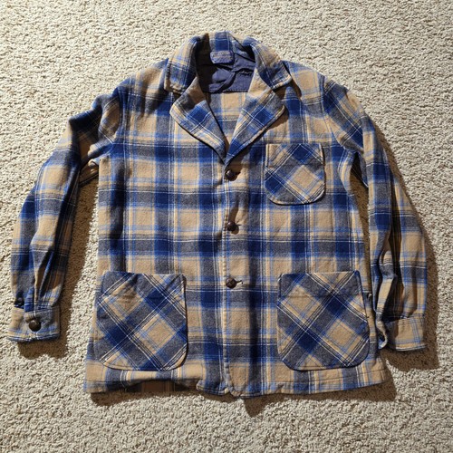 Vintage Pendleton Jacket Mens Medium Blue Tan Plaid Wool Work Chore ...