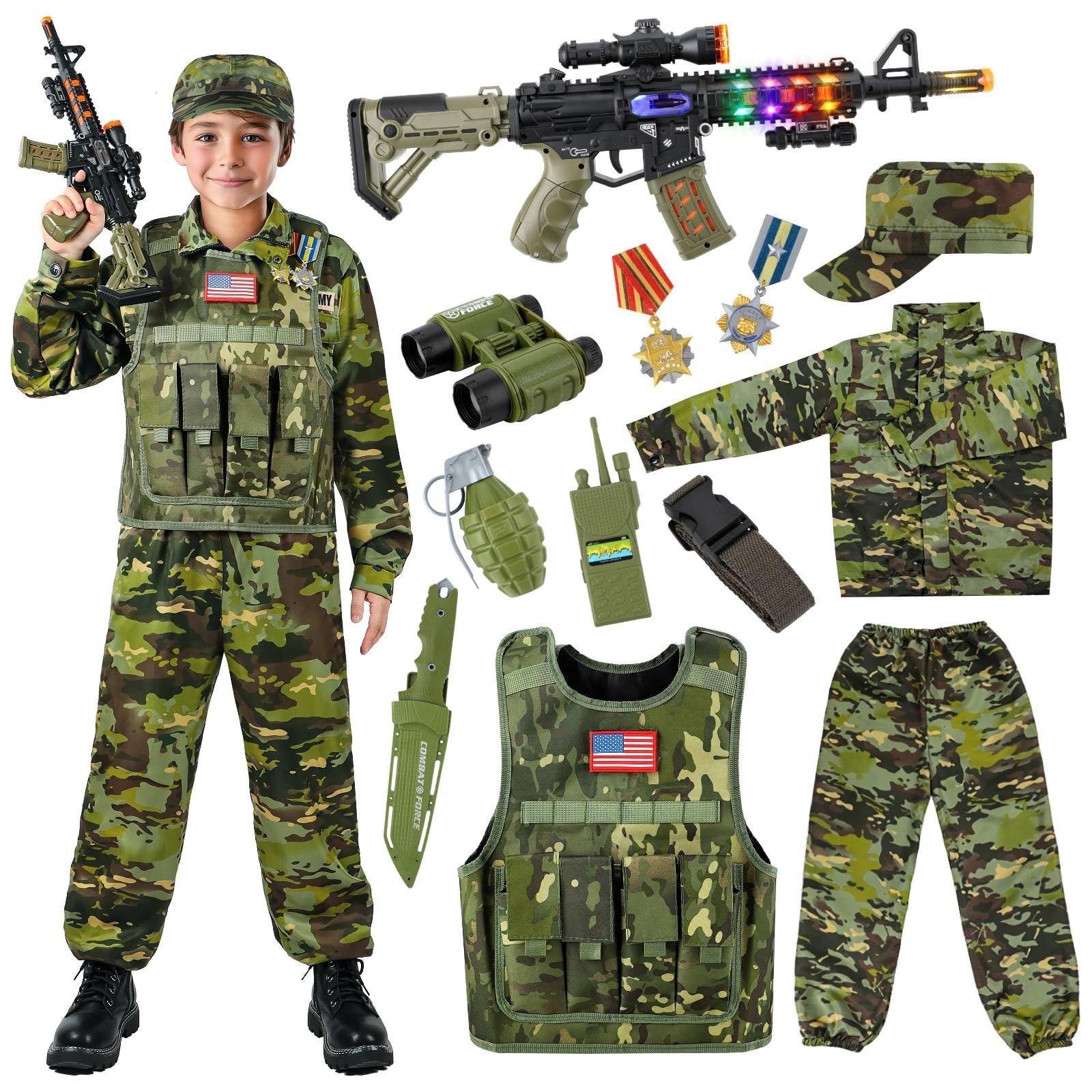 Kids Army Costume for Boys, Military Soldier Costume with Army Toys ...