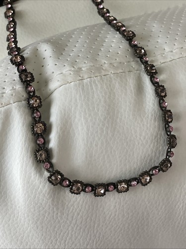 Sorrelli Pink Crystal Necklace 16 - 17” Antiqued Brass Setting Signed ...