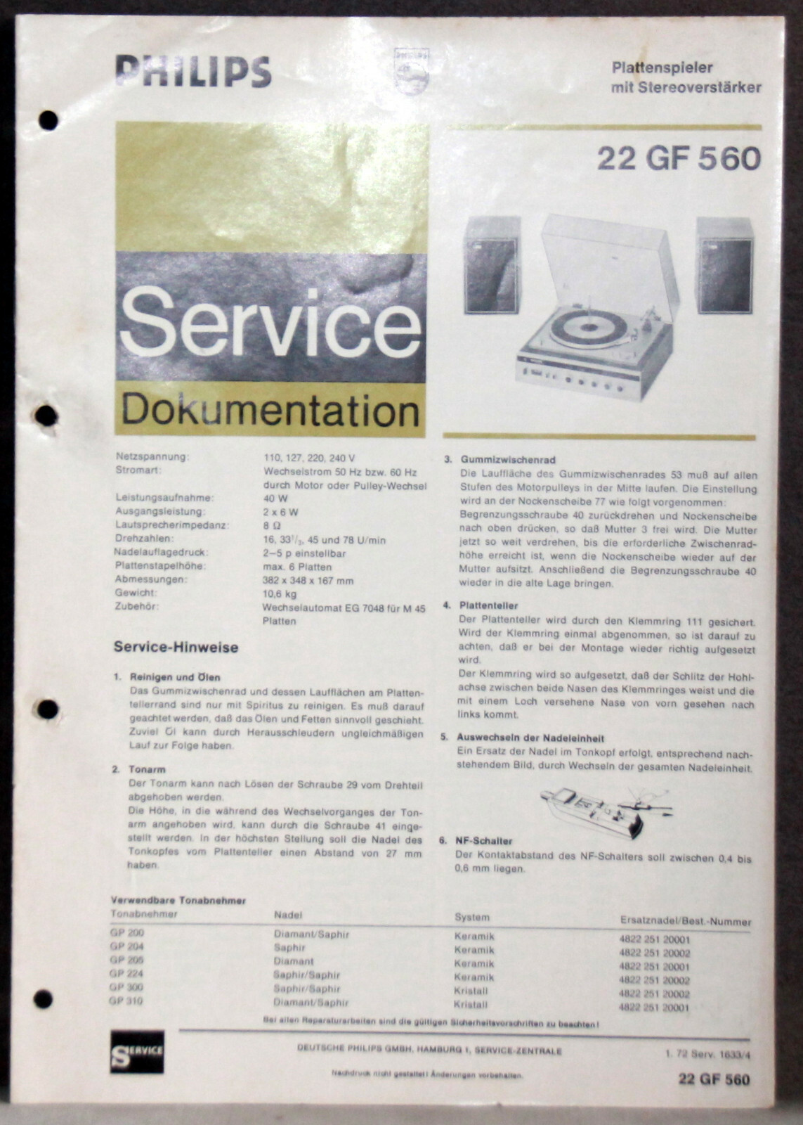 PHILIPS Service Dokumentation - PLATTENSPIELER mit Stereoverstärker ...
