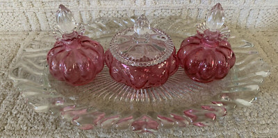 FENTON VINTAGE "CRANBERRY" MELON VANITY SET with Tray: Perfumes and ...
