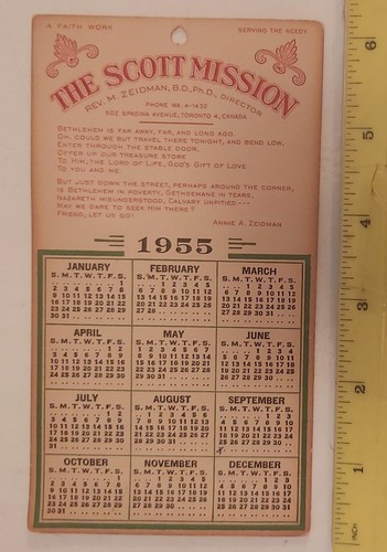 /RARE (TORONTO) "THE SCOTT MISSION - 1955 CALENDAR WALL CARD" VERY GOOD ...