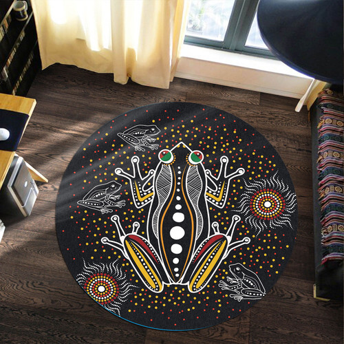 AU Indigenous Inspired Pointillism Style Frog Art Black Circular Carpet ...