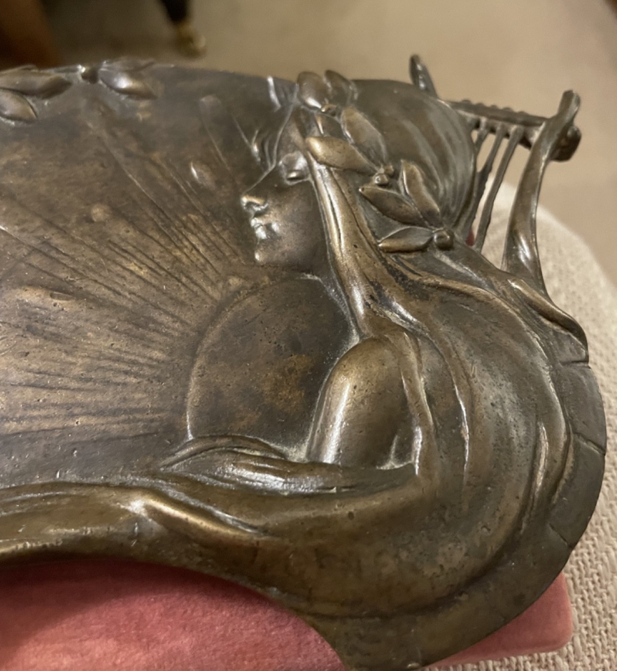 JOSEPH OFNER ART NOUVEAU BRONZE CALLING CARD TRINKET TRAY WITH MAIDEN ...