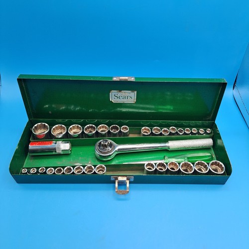 Vintage Sears 1/4" & 3/8" Metric & SAE Socket Set in Green Metal Case ...