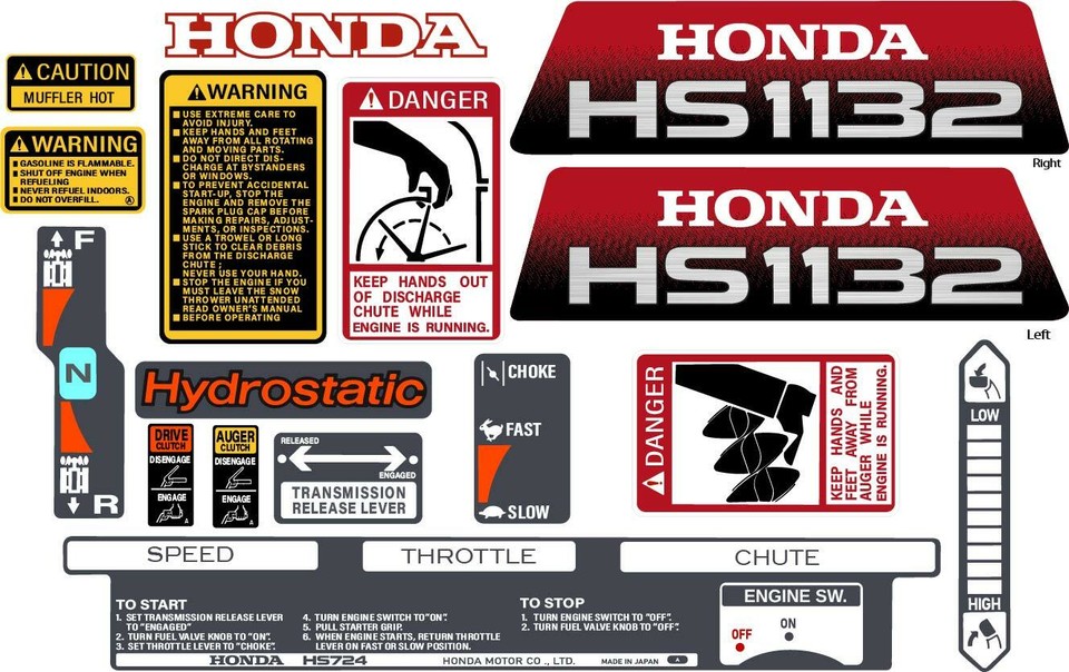 Honda Snow blower HS 624 724 828 928 1132 1332 Decal Sticker Kit WA WAS ...