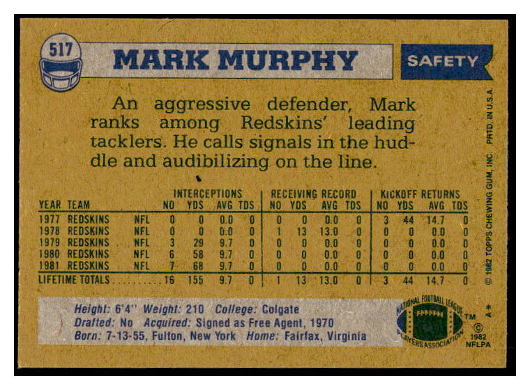 1982 Topps #517 Mark Murphy Washington Redskins Excellent | eBay