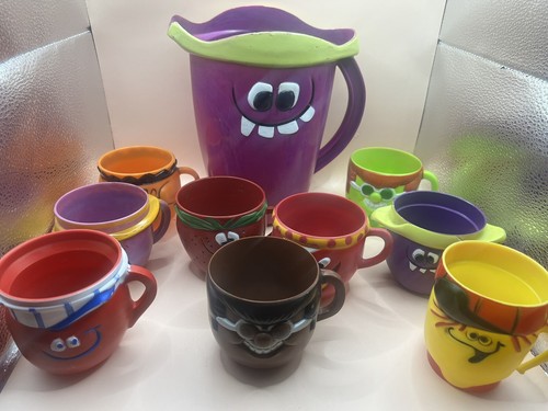 Pillsbury FUNNY FACE Set NINE MUGS & GOOFY GRAPE Pitcher W/ CHUG A LUG ...