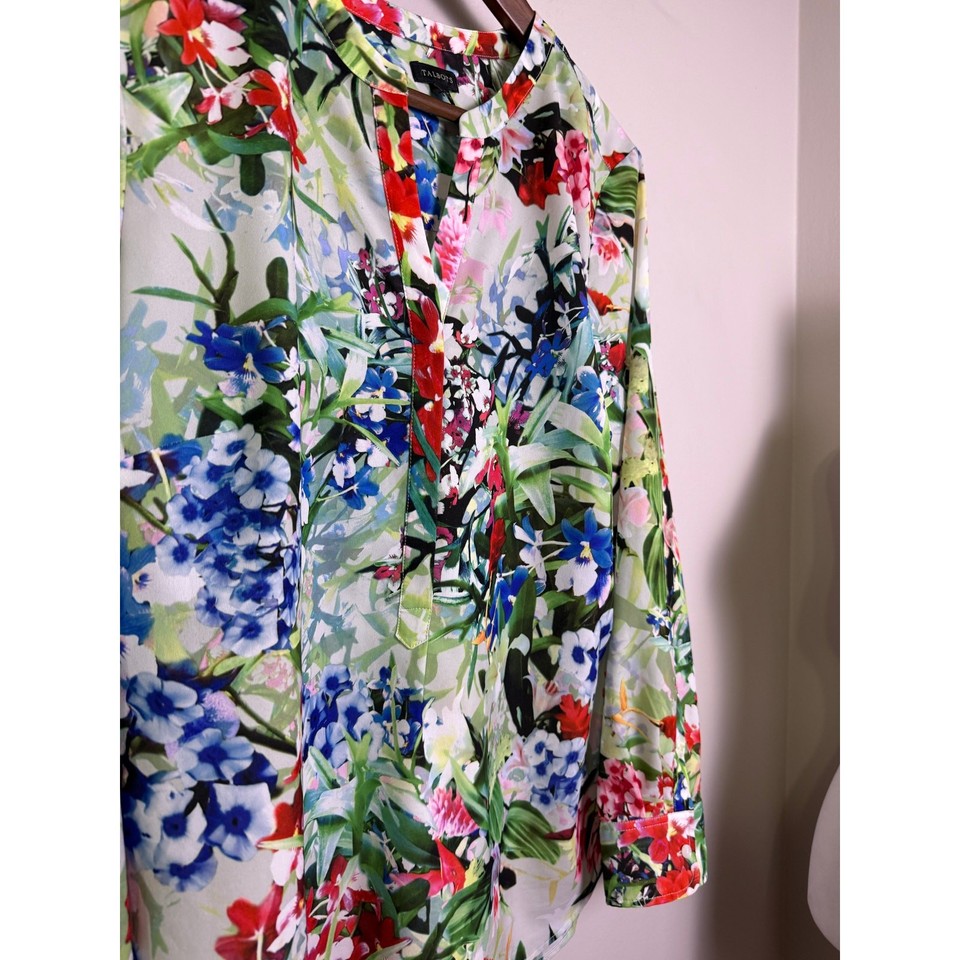 Talbots Floral Split Neck Blouse Large Colorful Garden Print Long ...