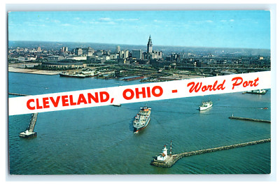 Postcard OH Cleveland Aerial View Skyline World Port Ships Lighthouse ...