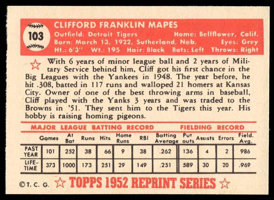 1983 Topps 1952 Reprint Series Cliff Mapes Detroit Tigers #103 | eBay