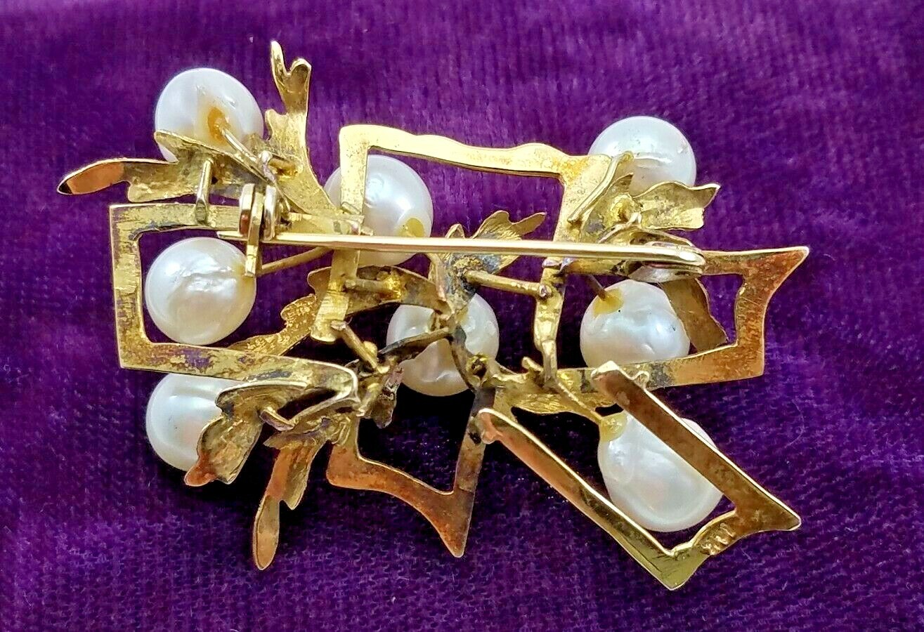 Vintage Modernist Brutalist 14K Brooch Pin with Matched Baroque Pearls ...