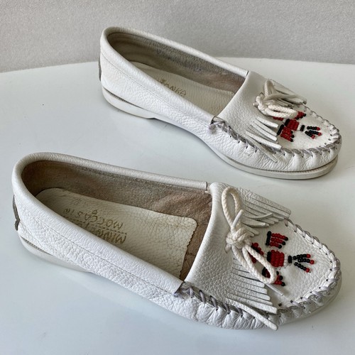 Minnetonka VTG White Leather Moccasins Women’s US 8.5 Beaded ...