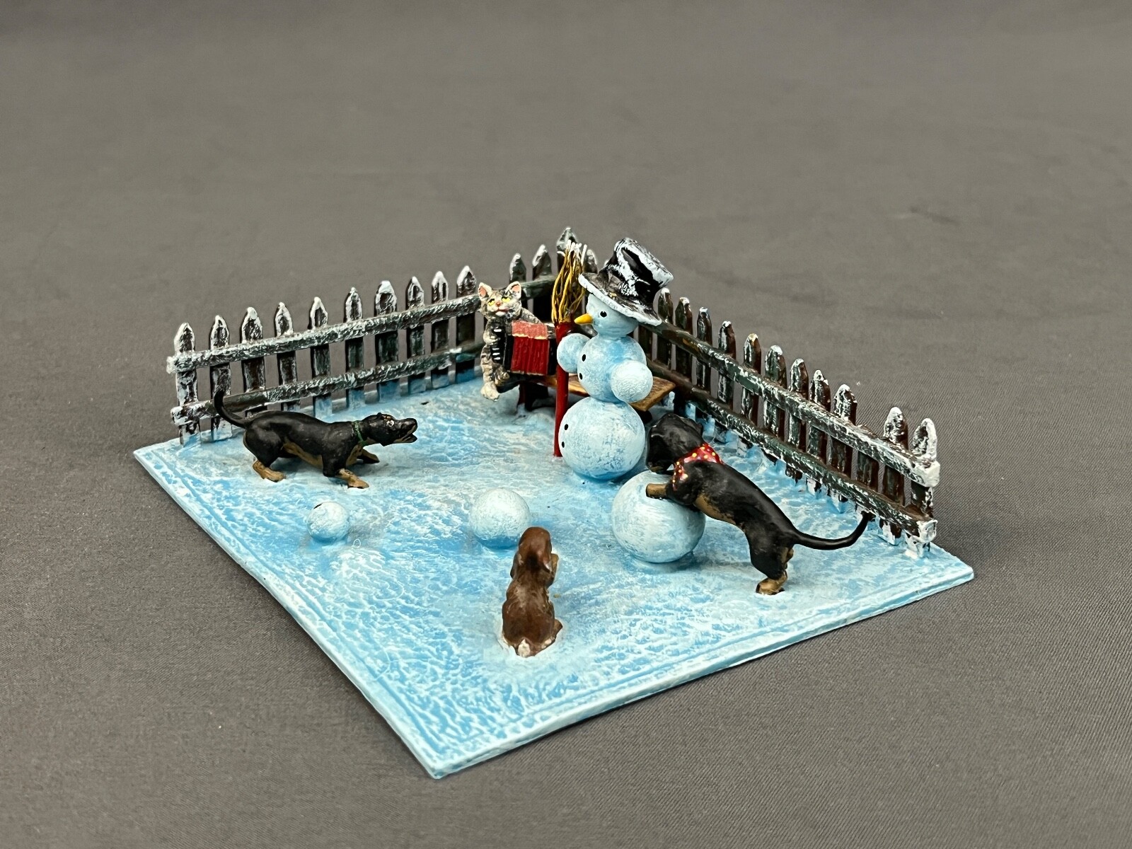 Cold Painted Bronze Diorama Miniature Winter Scene Snowman and Animals ...