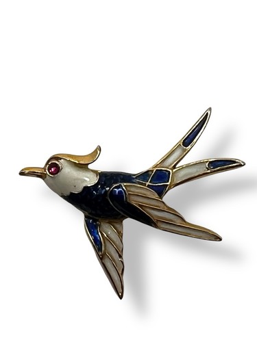 Vintage Crown Trifari Blue Enamel Swallow Bird Brooch Pin 1960s Signed ...