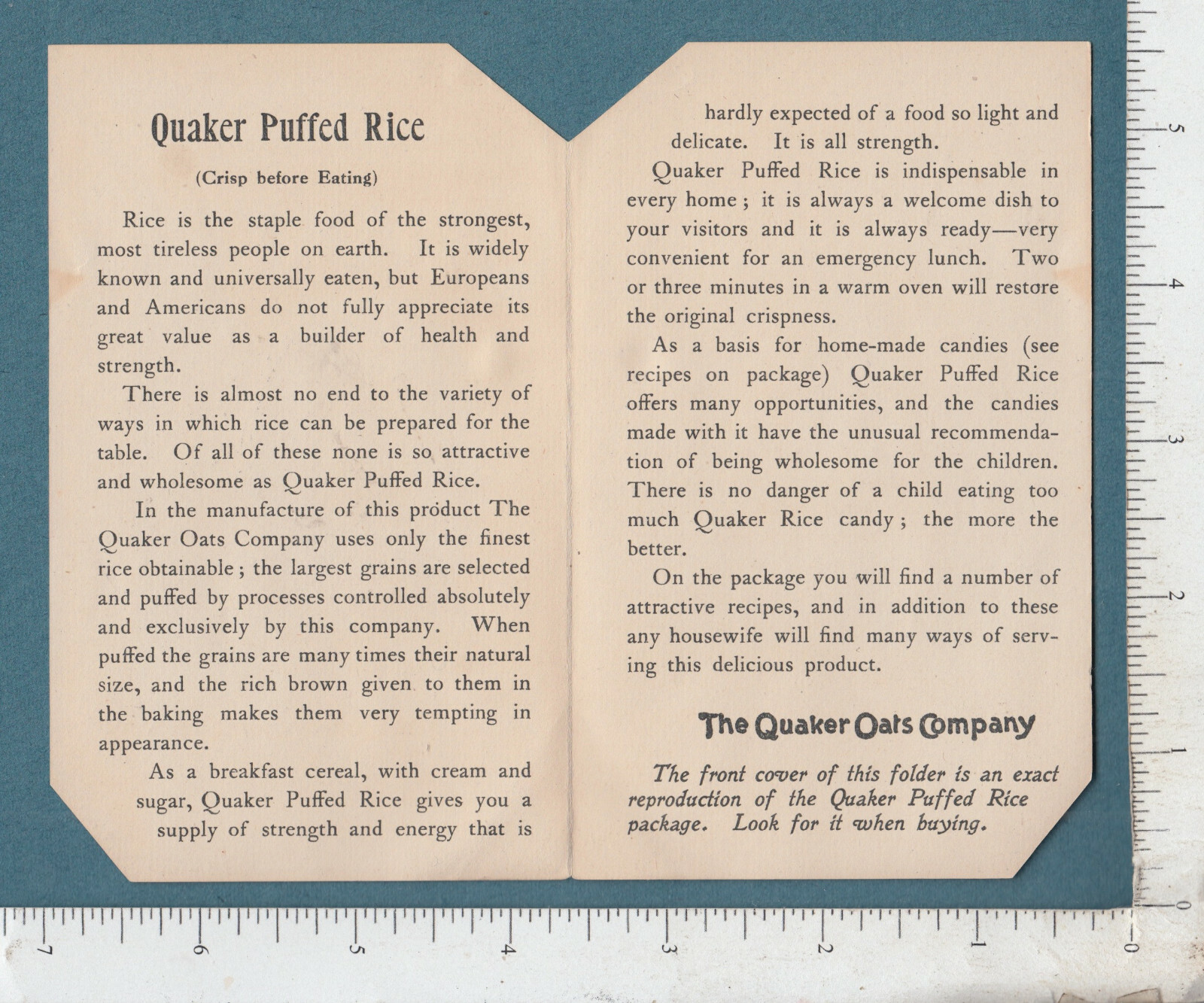 9159 Quaker Puffed Rice cereal c 1890 flier William Penn, Quaker Oats ...