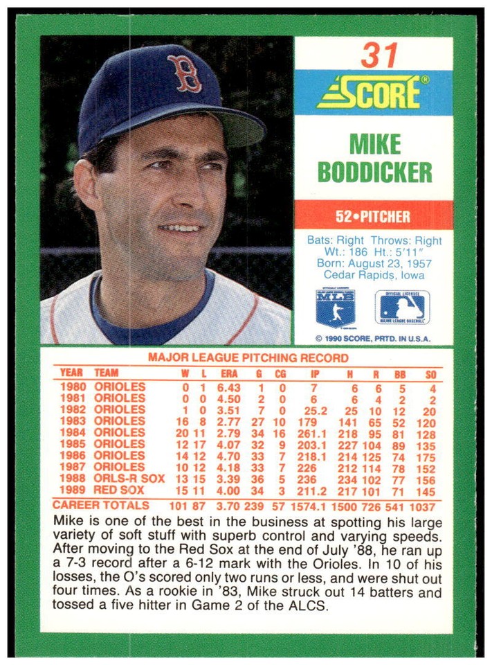 1990 Score #31 Mike Boddicker NM | eBay