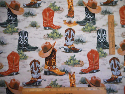 Western Fabric By The Yard Cowboy Boots Cowboy Hats Green Cactus ...