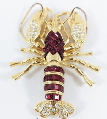 Nolan Miller Red Ruby Lobster Pin Brooch Crystal Rhinestones Box + COA ...