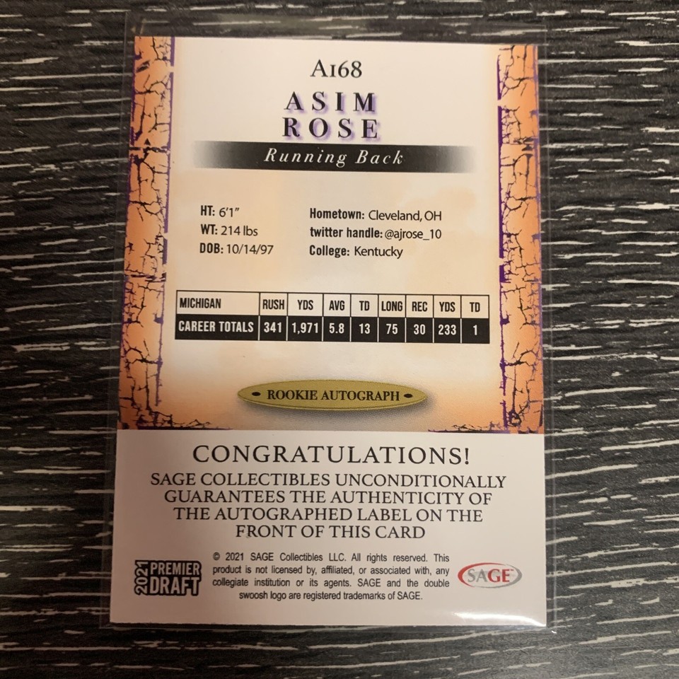 Asim Rose Jr 2021 Sage Premier Draft Auto #A168 RC Rookie Kentucky ...