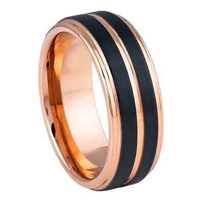 Rose Gold IP 8mm Men's Tungsten Carbide Ring Gun Metal Pinstripe Step ...