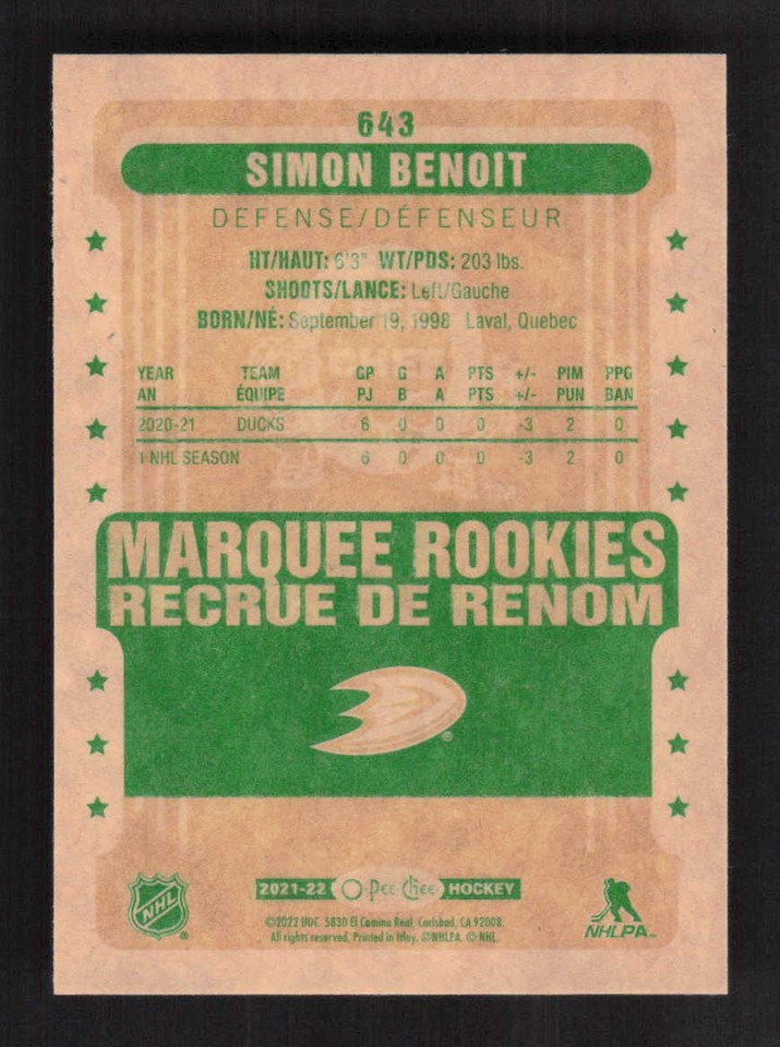Simon Benoit MR 2021 Upper Deck 2021-22 O-Pee-Chee Update Retro Ducks ...