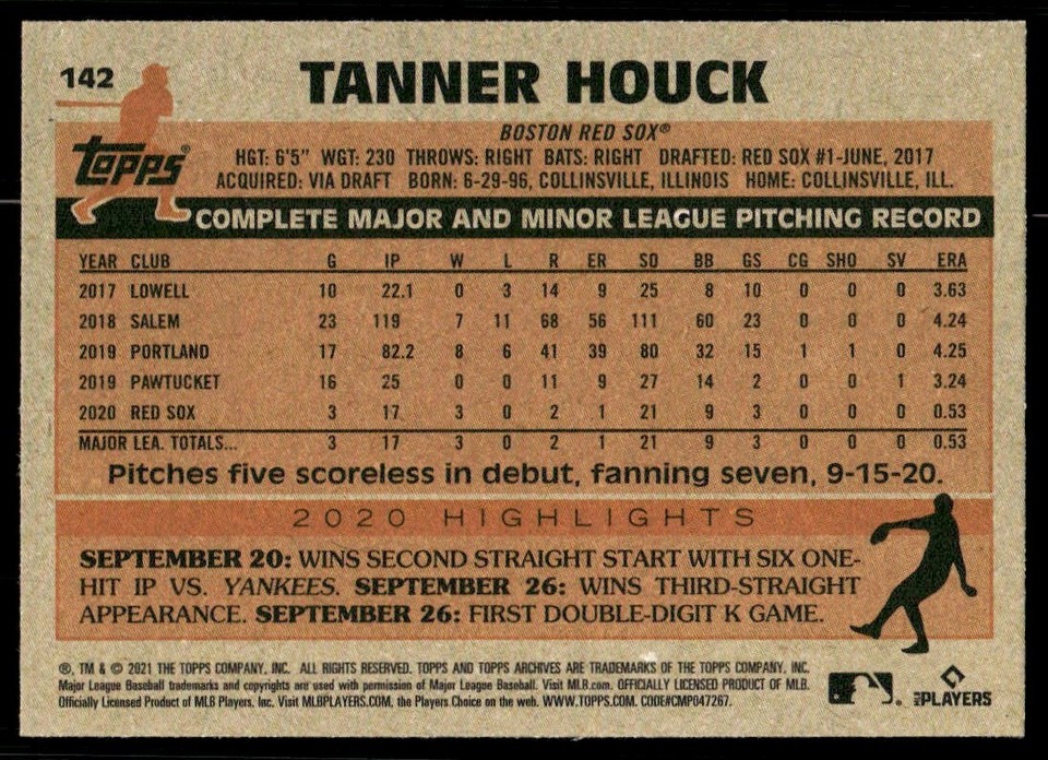 2021 Topps Archives Tanner Houck Rookie A91 Boston Red Sox #142 | eBay