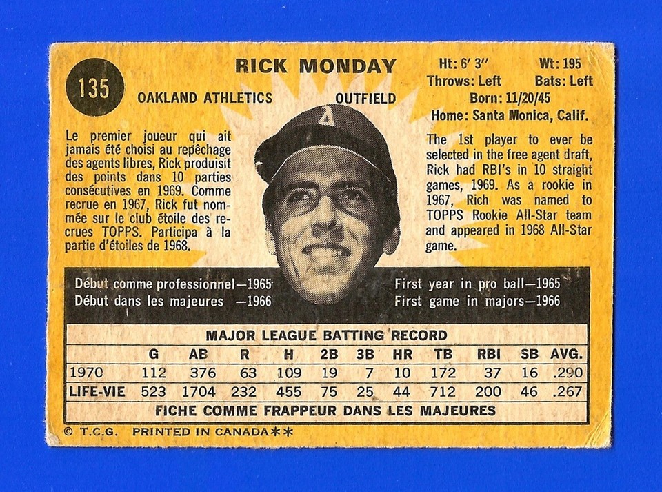 1971 OPC O-Pee-Chee SET BREAK #135 RICK MONDAY OAKLAND ATHLETICS (SB1 ...