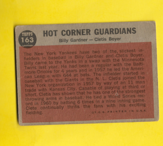 1962 Topps Hot Corner Guardians #163 Billy Gardner Clete Boyer G/VG ...