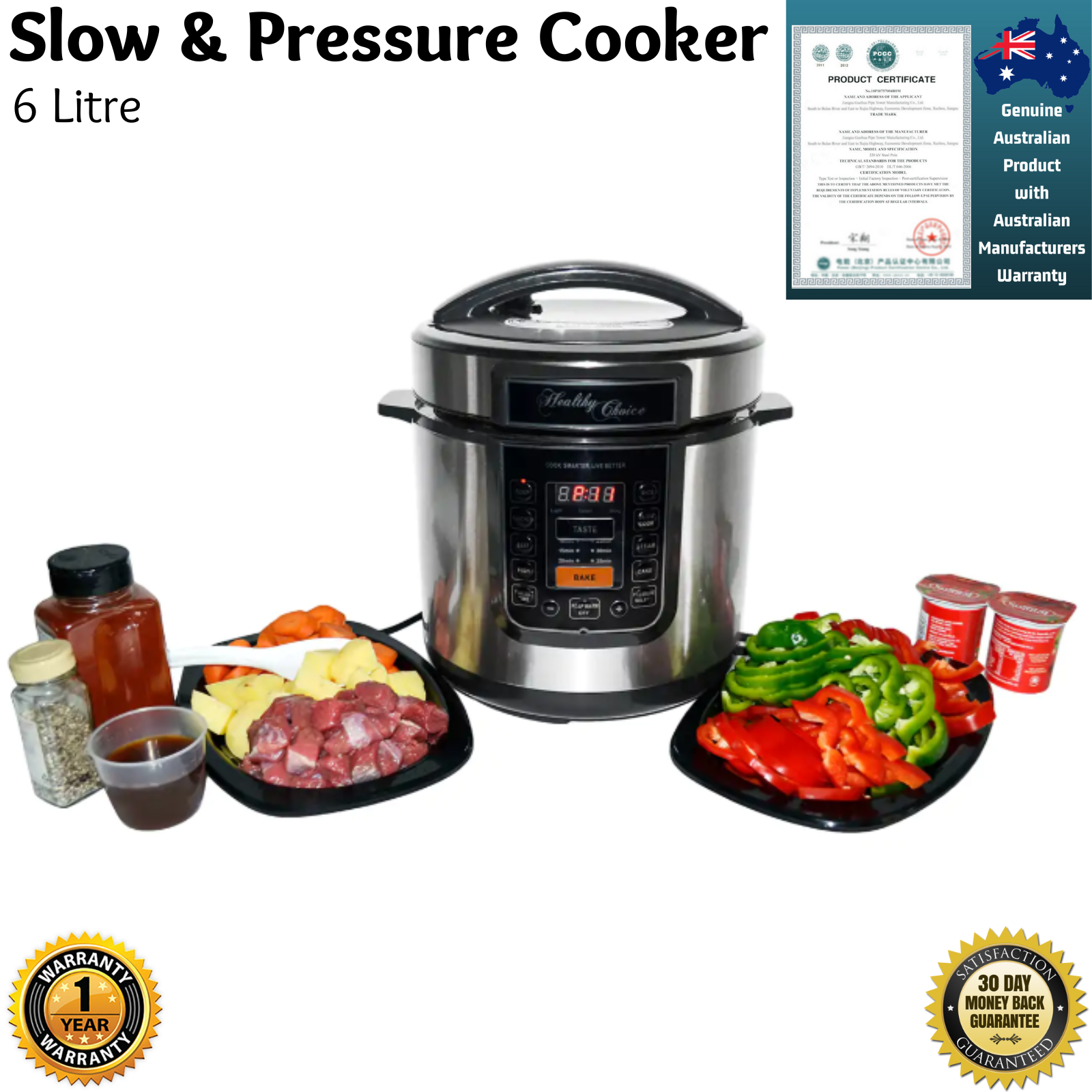 Healthy Choice 6L Electric Slow & Pressure Cooker Multi Cook Pot Silver ...