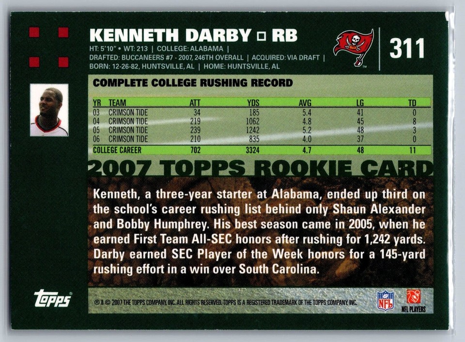2007 Topps - #311 Kenneth Darby Rookie RC Tampa Bay Buccaneers NFL ...