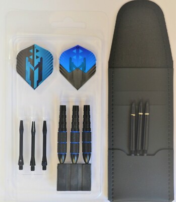 BLACK BLUE RINGED BRASS DARTS SET 2 SETS OF FLIGHTS AND STEMS + WALLET ...