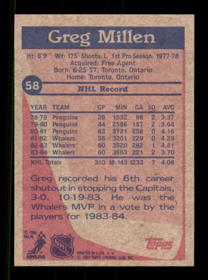 1984-85 Topps #58 Greg Millen NM/NM+ Whalers 234845 | eBay