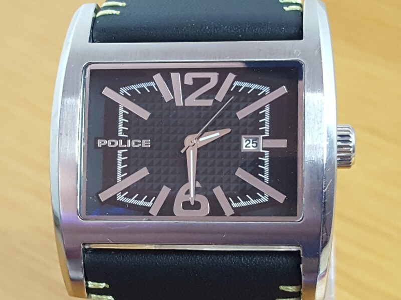 Mens Leather Wide Cuff Police Dynamo 12170J Black & Silver Date Analog ...