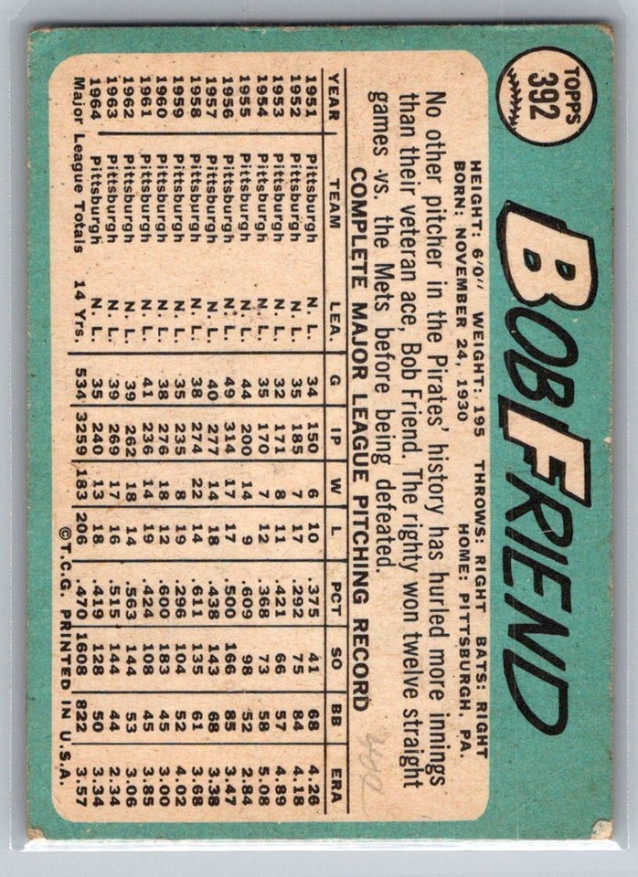 1965 Topps #392 Bob Friend PIRATES | eBay