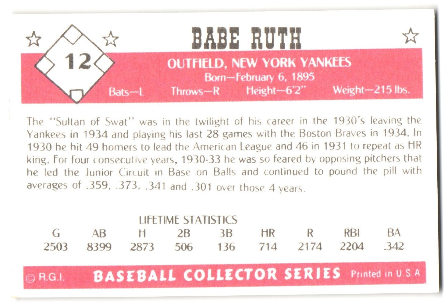Babe Ruth 1984 RGI Baseball Collector Series Card # 12 | eBay