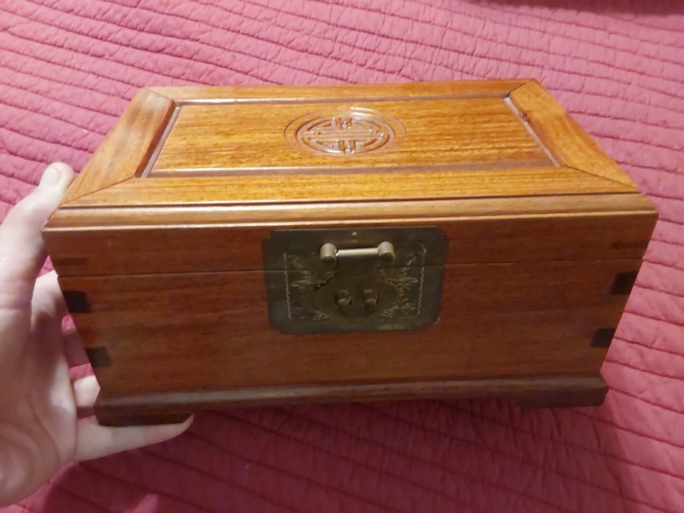 Vintage Large Chinese Rosewood/Brass Jewelry Box Original Bar Lock EXC ...