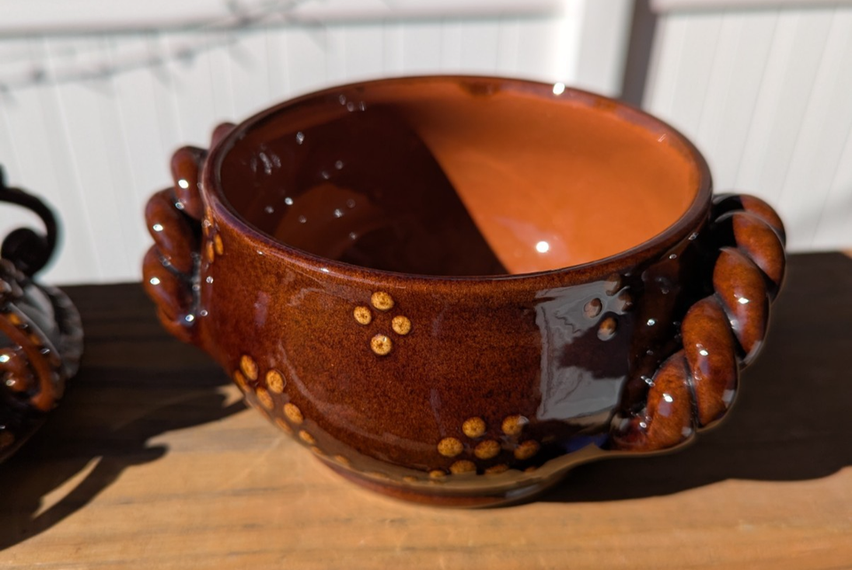 Breininger Redware Pottery Decorated Ornate Handles Covered Sugar Bowl ...